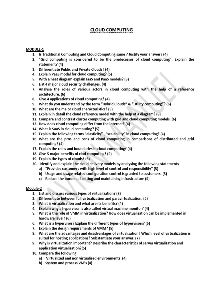 CLOUD COMPUTING 3,4,5 Ques Bank | PDF | Virtualization | Cloud Computing