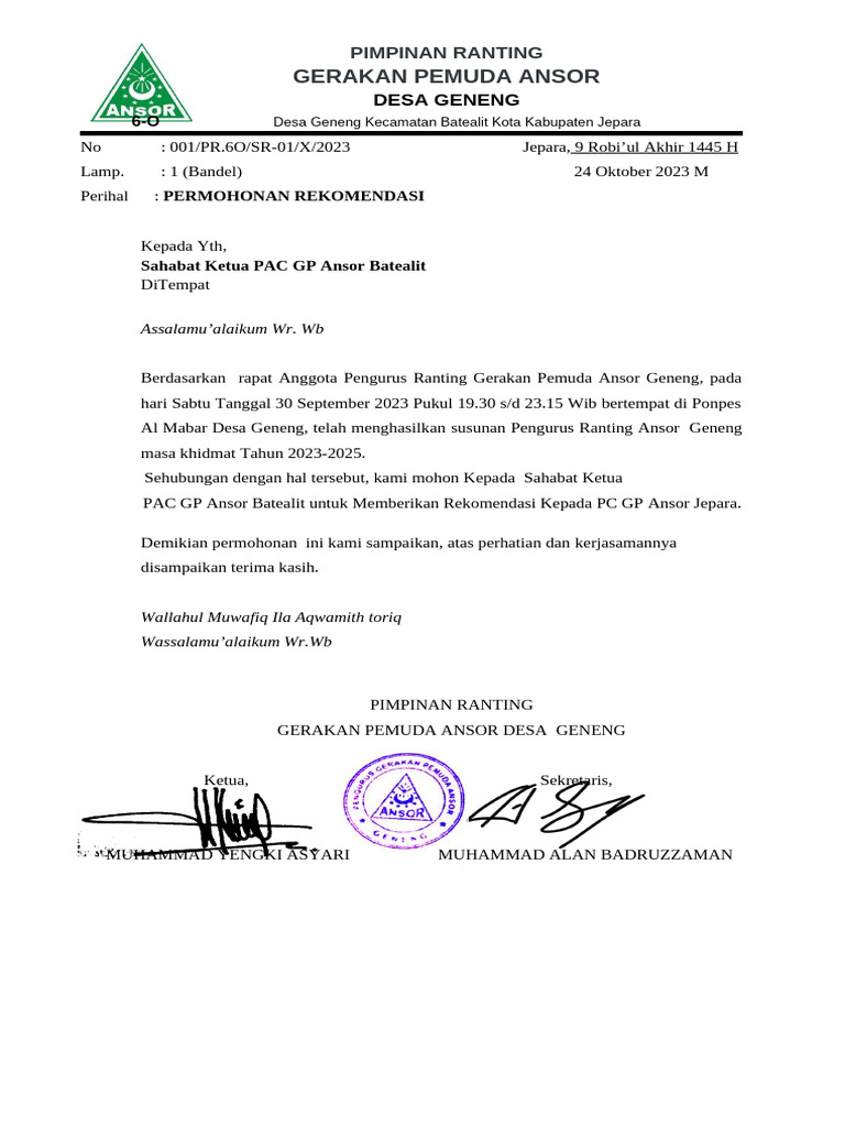 CONTOH PENGAJUAN PELANTIKAN PR GP ANSOR | PDF