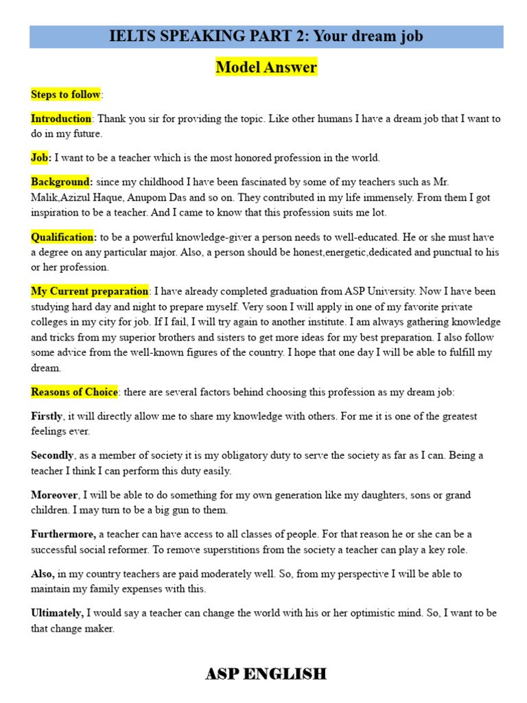 Speaking Cue Card - Dream Job | PDF | Career & Growth | Self-Improvement