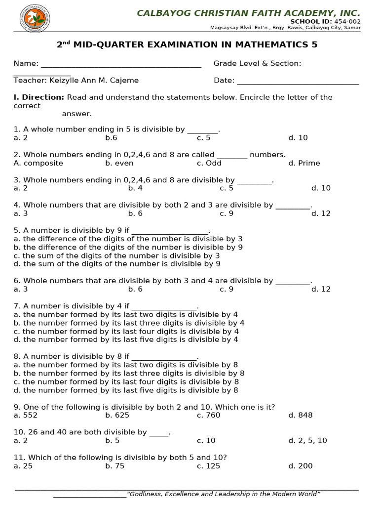 2ND-MID_EXAM_MATH5 | PDF | Elementary Mathematics | Arithmetic