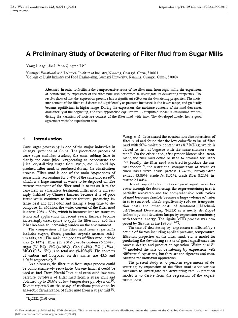 A Preliminary Study of Dewatering of Filter Mud FR | PDF | Filtration ...