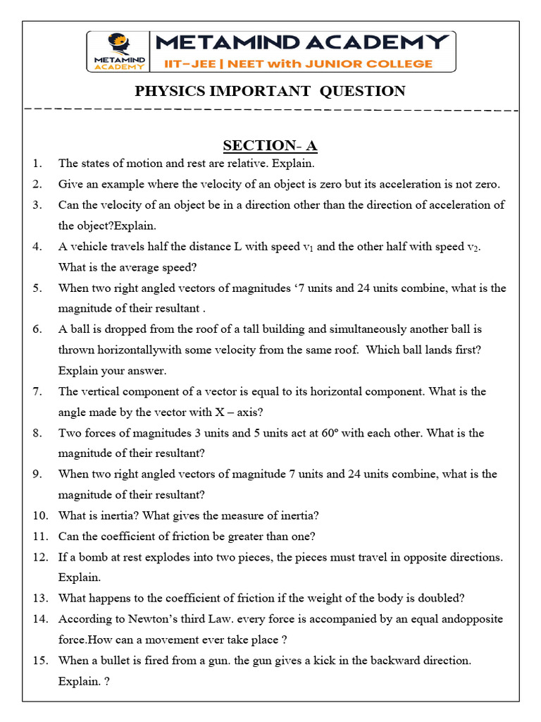 PHYSICS Important Questions | PDF | Force | Velocity