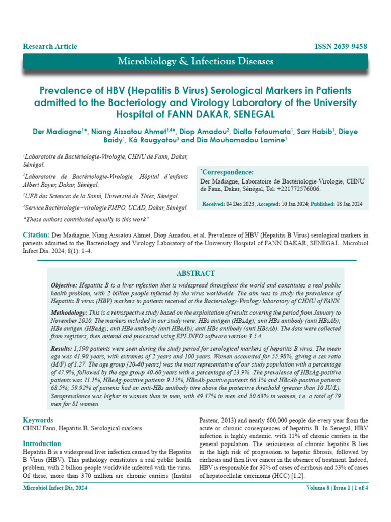 Prevalence of HBV Hepatitis B Virus Serological Markers in Patients ...