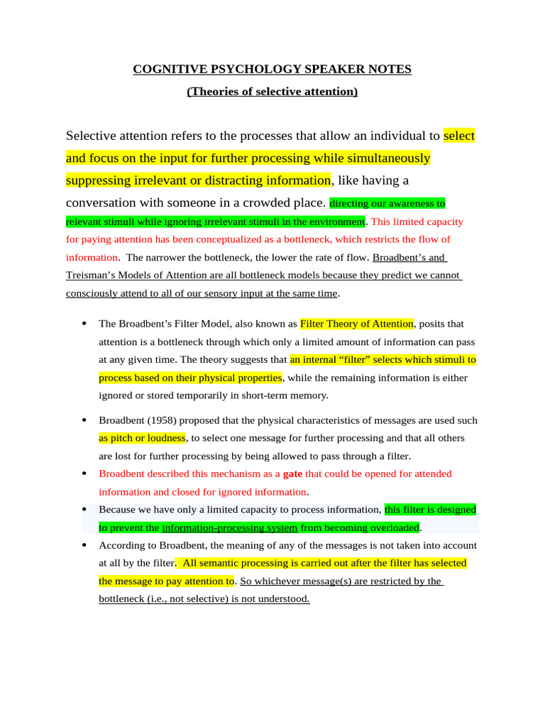 Cognitive Psychology Speaker Notes | PDF | Attention | Psychology