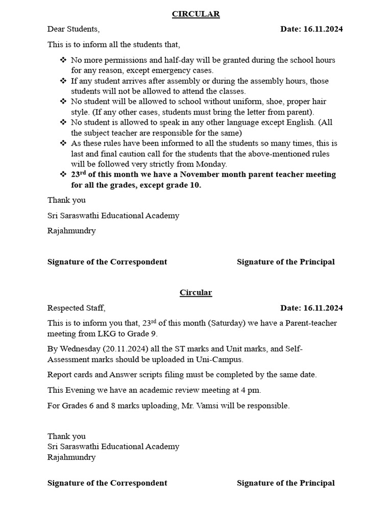 School Rules and Parent Meeting Notice | PDF