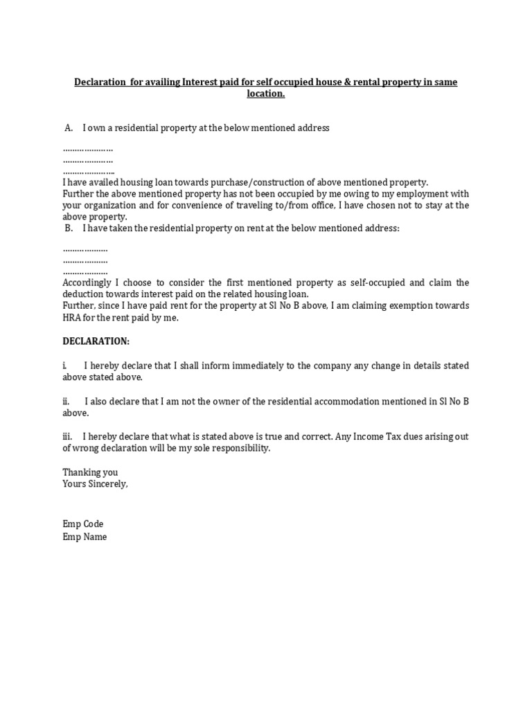 HAR Declaration To Avail Rent&Housing Loan Interest For Same Location ...