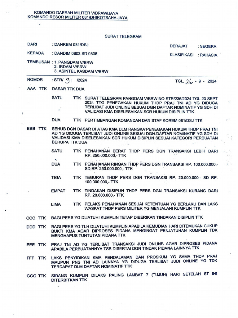 STR - Penegakan Judol Di Jajaran Korem 081 | PDF