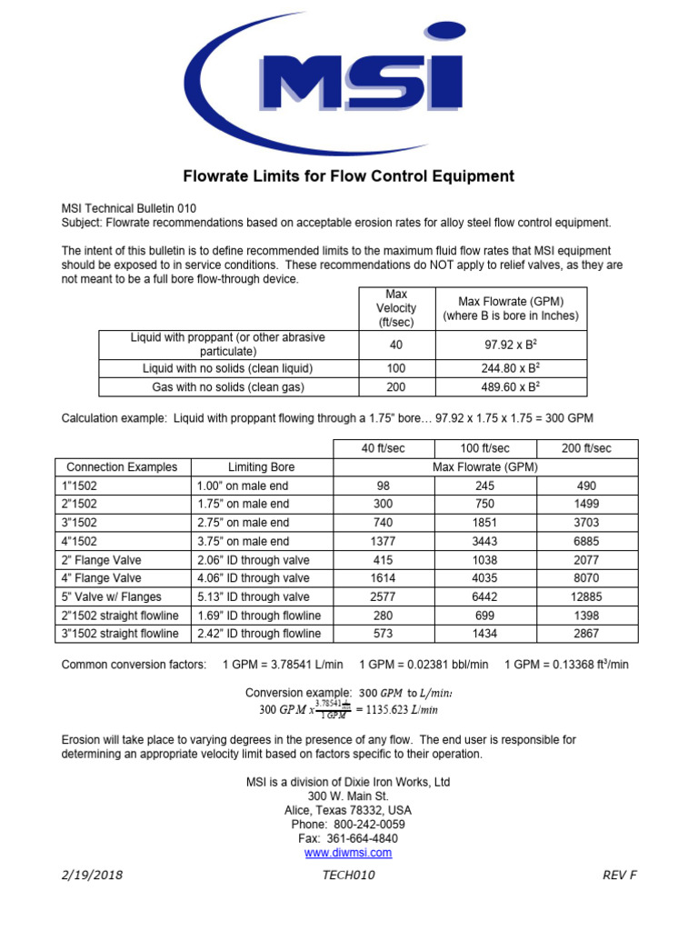 TECH010-Flowrate-Limits-for-Flow-Control-Equipment | PDF | Valve | Gases