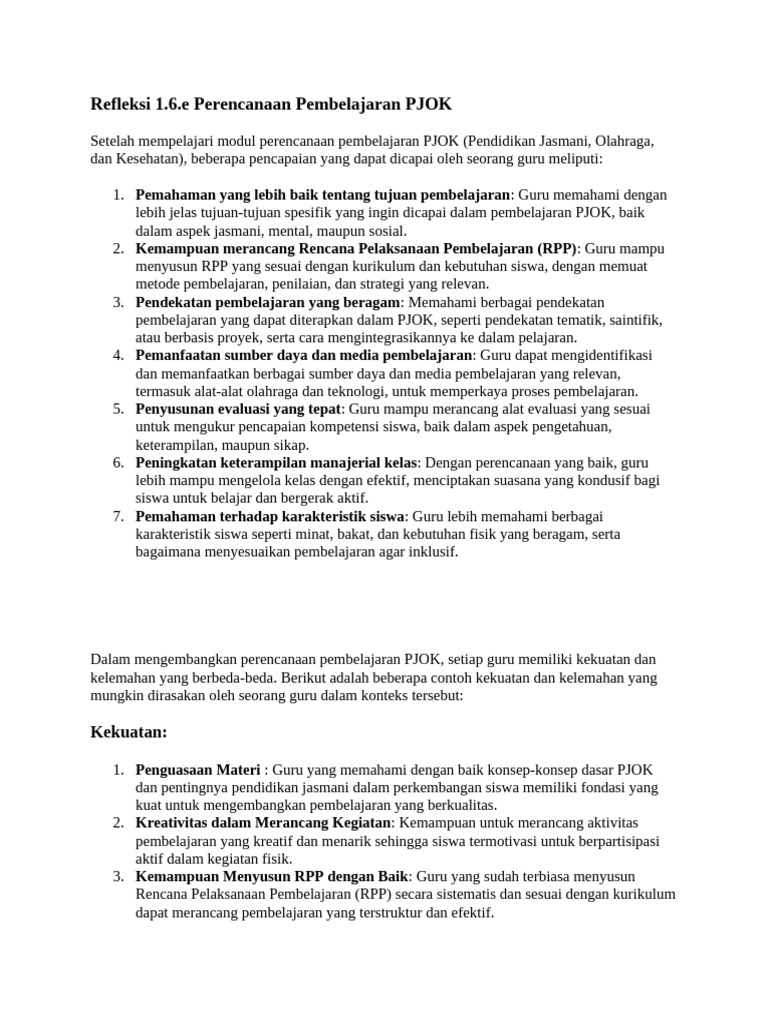 Refleksi Perencanaan Pembelajaran PJOK | PDF | Karier & Perkembangan