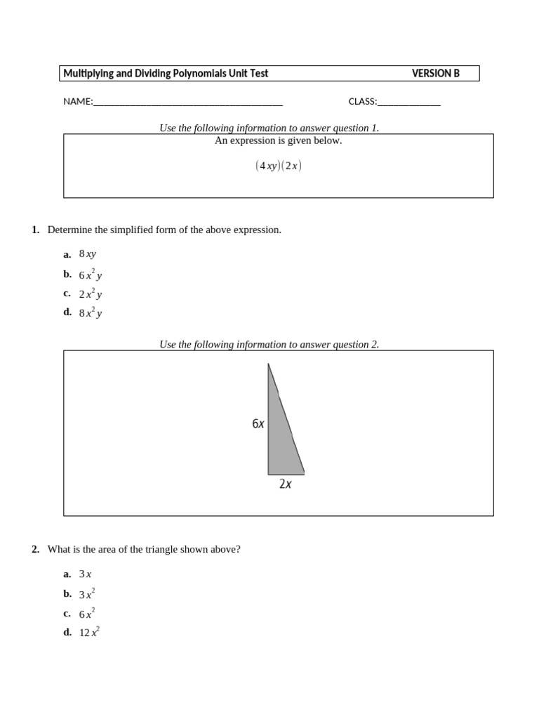 Multiplying and Dividing Polynomials Test | PDF | Polynomial | Abstract ...