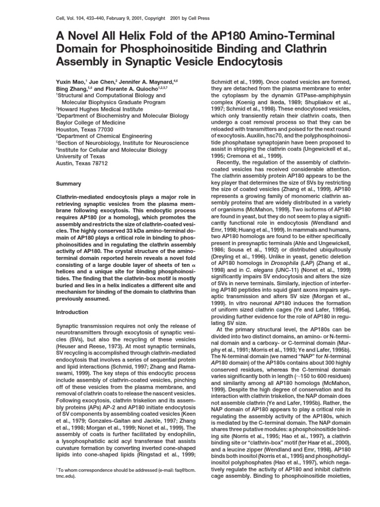 A Novel All Helix Fold of The AP180 Amino Terminal | PDF | Alpha Helix ...
