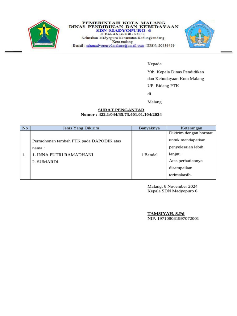 Surat Pengantar Dapodik | PDF