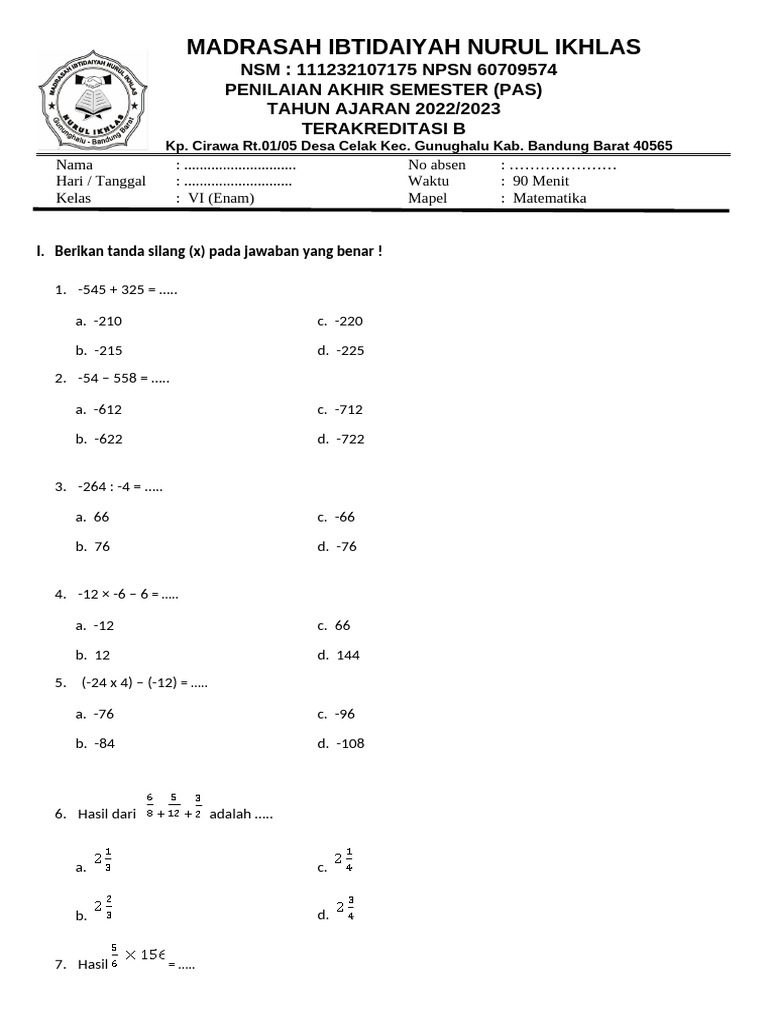 Soal Pas MTK KLS 6 K-13 | PDF | Metode & Bahan Ajar