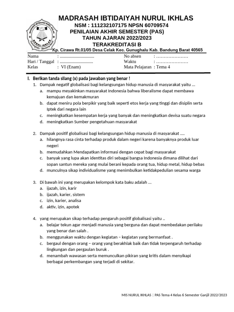 Soal Pas Kelas 6 Tema 4 - Websiteedukasi | PDF | Ilmu Sosial | Seni