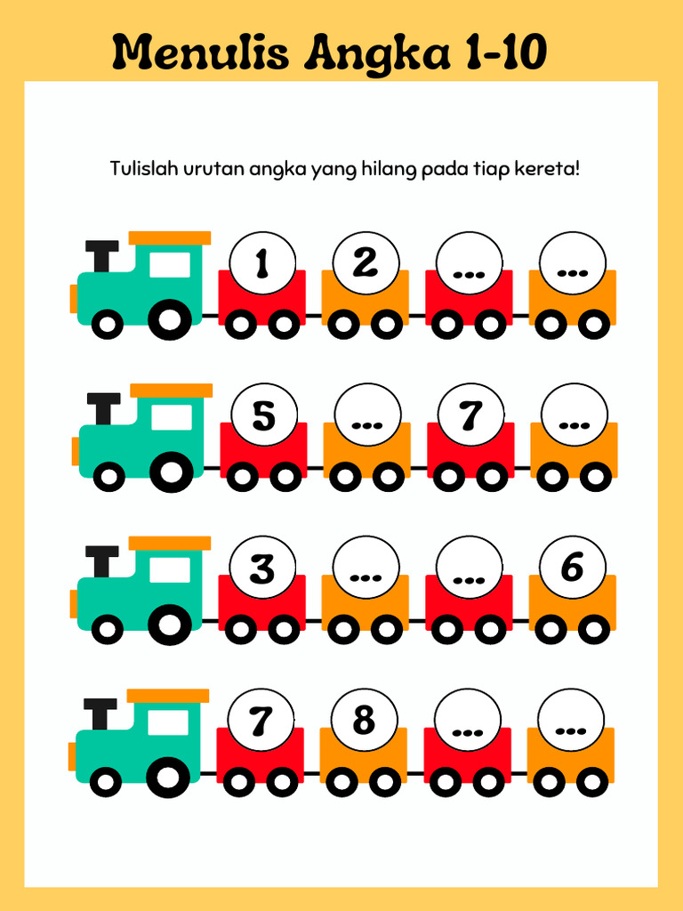 Lembar Kerja Menulis Angka 1-10 Ilustrasi Kuning Putih | PDF
