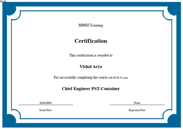 Certification Chief Engineer PST Container Vishal Arya | PDF