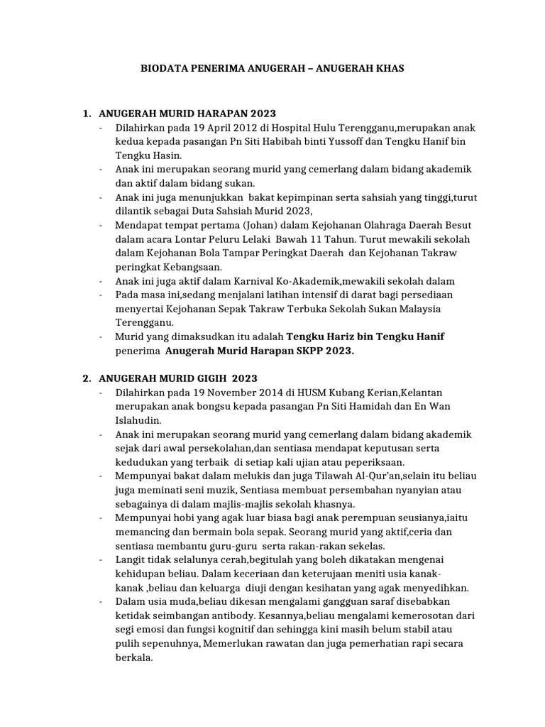 Biodata Penerima Anugerah Khas | PDF