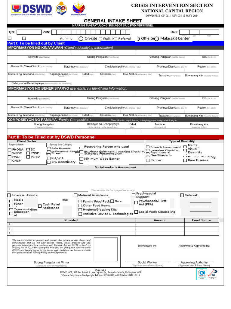 DSWD PMB GF 011 - REV 02 - AICS General Intake Sheet With Added Option ...