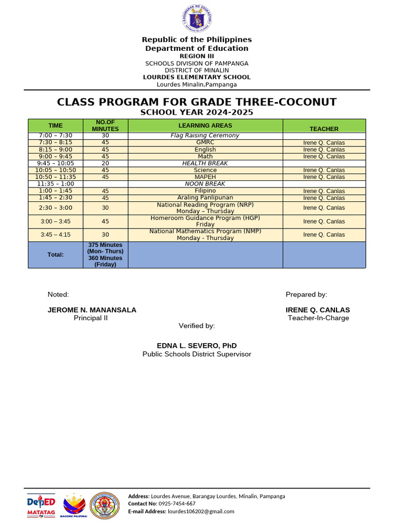 GRADE 3 Class Program 2024 2025 FINAL MATATAG | PDF | Science ...