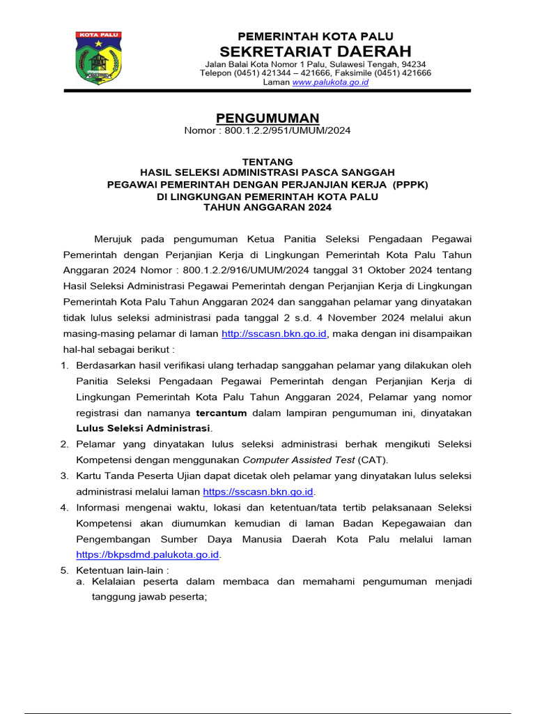 Pengumuman Hasil Seleksi Administrasi Pasca Sanggah PPPK 2024 | PDF