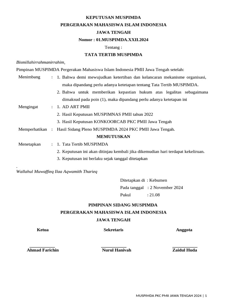 Draft Muspimda PKC Pmii Jawa Tengah 2024 | PDF