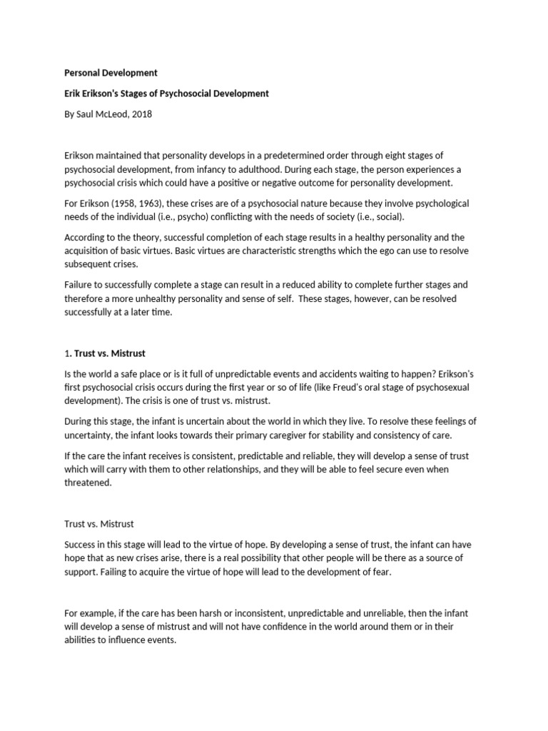 Erikson Personal Development Pdf Psychology Behavioural Sciences