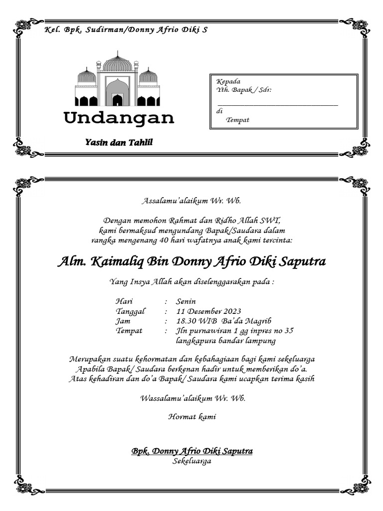 Undangan Tahlilan 40 Hari Alm. Kaimaliq | PDF