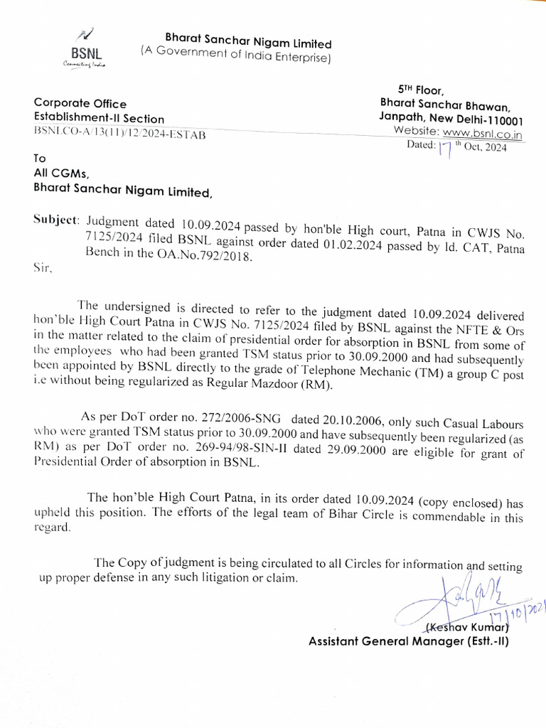 BSNCO Letter Dated 17.10.2024 To All Heads of Circle | PDF | Economy Of ...