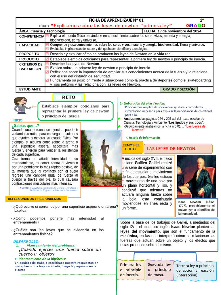 FICHA DE APRENDIZAJE - N°01-Explica-1ra Ley de Newton-2024 | PDF | Fuerza | Las leyes del ...