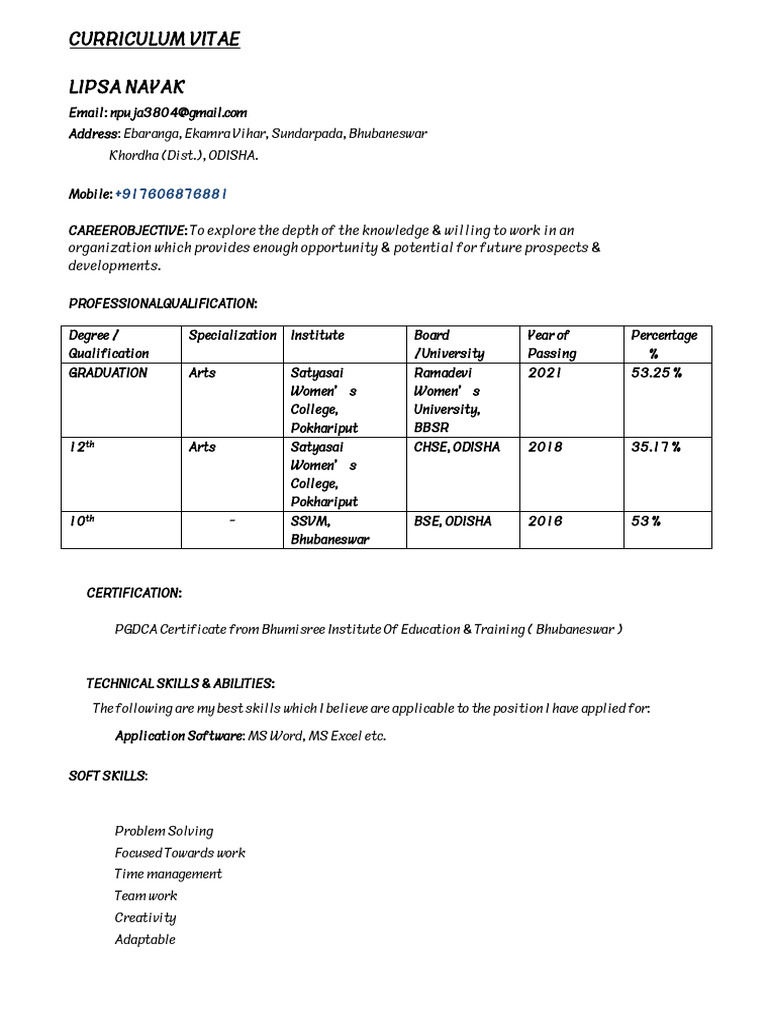 Curriculum Vitae Lipsa Nayak | PDF | Cognition