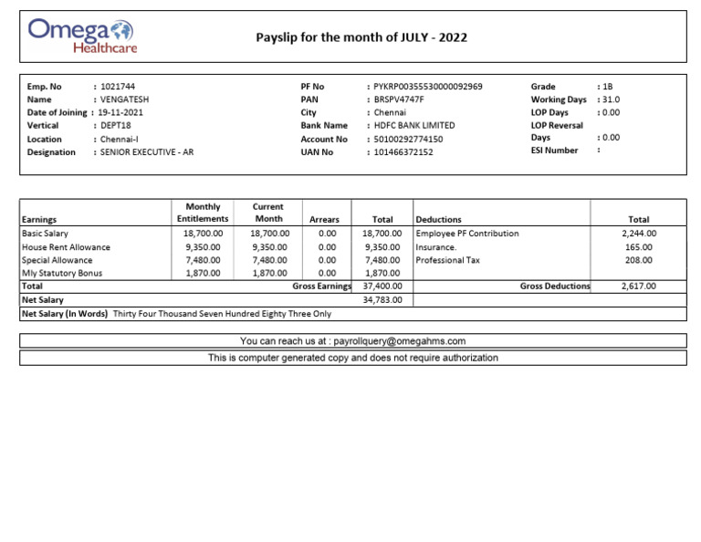 July 2022 Payslip for Vengatesh | PDF
