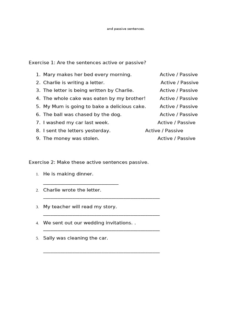 Active vs Passive Voice Exercise Sheet | PDF | Language Arts ...