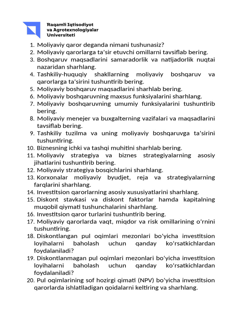 Oraliq Nazorat Savollari | PDF