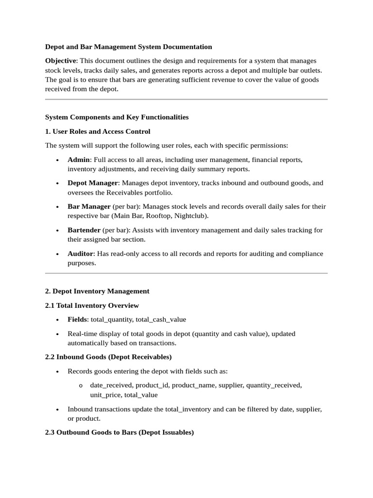 Depot and Bar Management System Documentation | PDF | Inventory | Business
