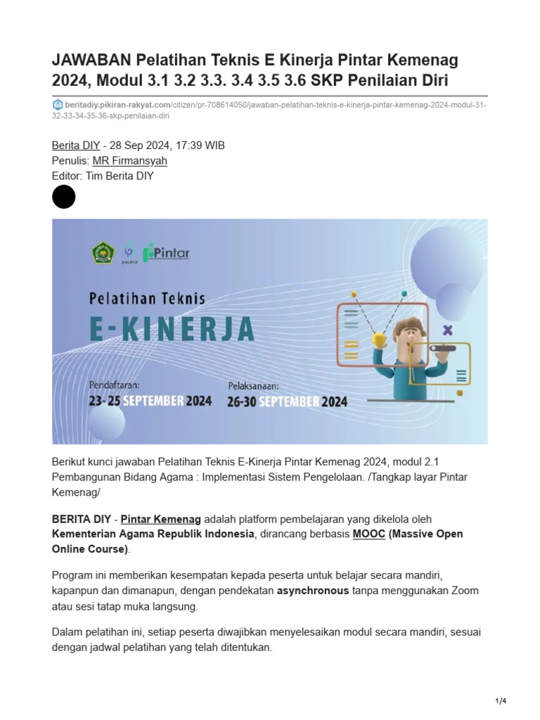 JAWABAN Pelatihan Teknis E Kinerja Pintar Kemenag 2024 Modul 31 32 33 34 35 36 SKP Penilaian ...