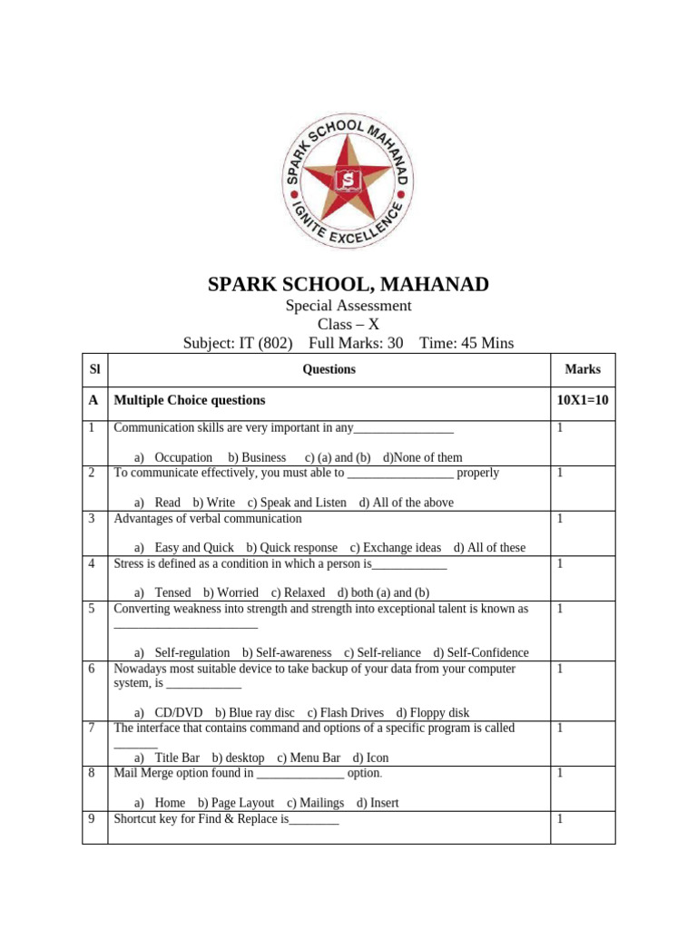 Spark School, Mahanad: Special Assessment Class - X Subject: IT (802) Full Marks: 30 Time: 45 ...