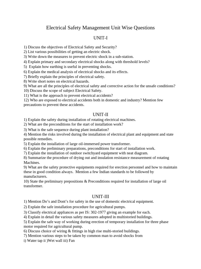 Electrical Safety Management Unit Wise Questions | PDF | Safety ...