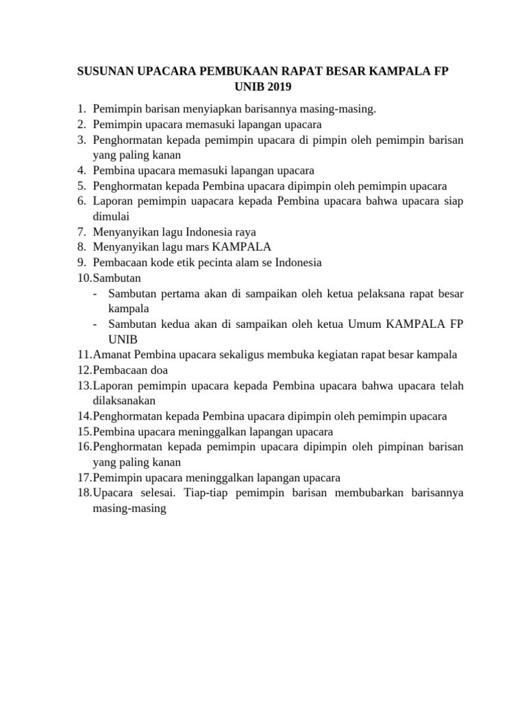 Susunan Upacara Pembukaan Rapat Besar Kampala FP Unib 2019 | PDF | Kajian Bahasa Asing | Seni