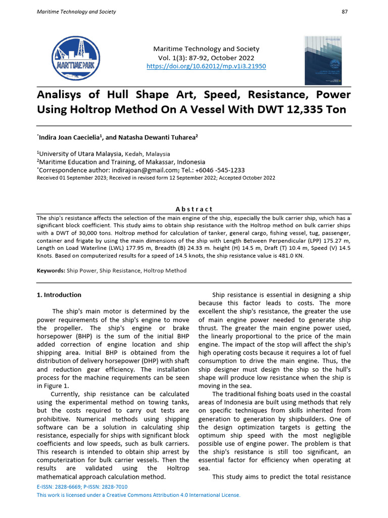 Analisys of Hull Shape Art, Speed, Resistance, Power Using Holtrop ...