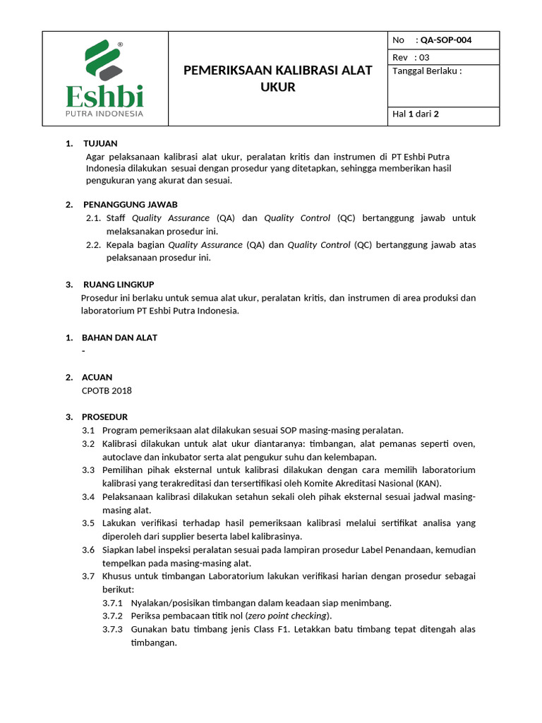 Qa-Sop-004 Rev.02 Program Kalibrasi Dan Pemeriksaan Alat | PDF ...