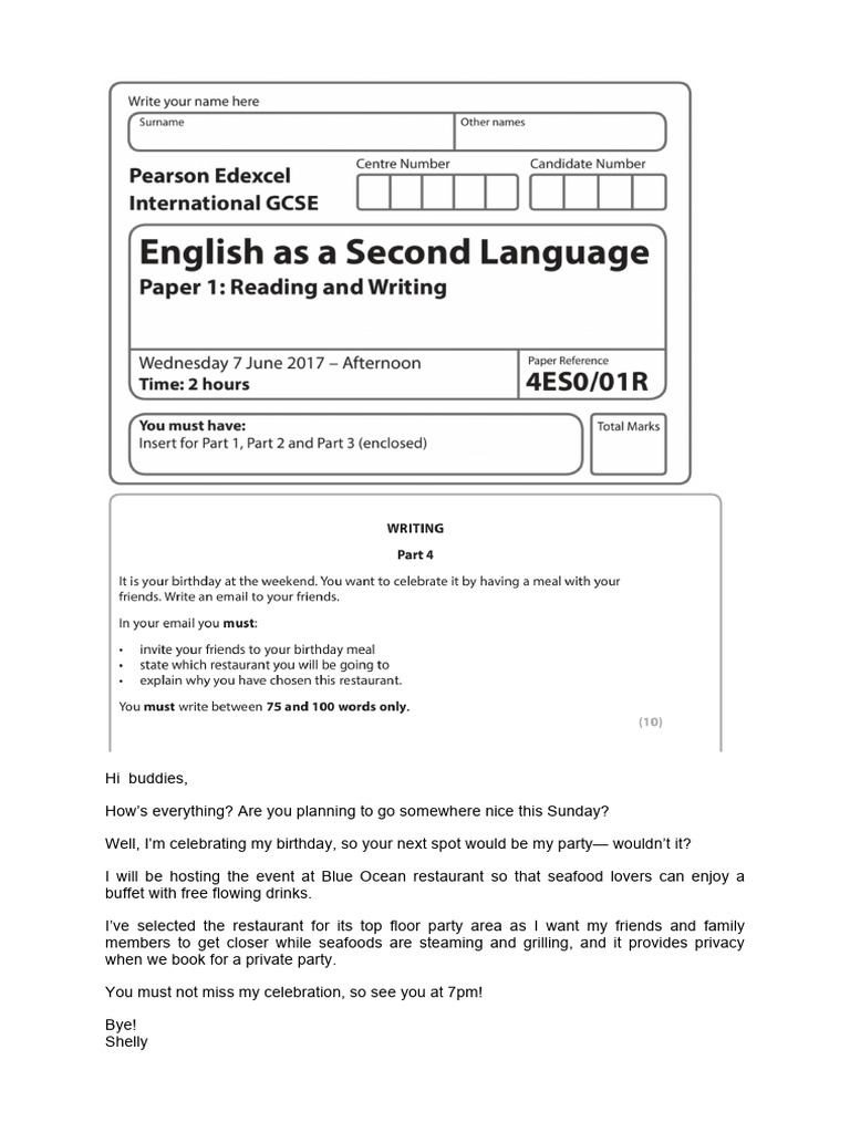 Edexcel ESL Pastpaper Sample Writing Email June2017 | PDF