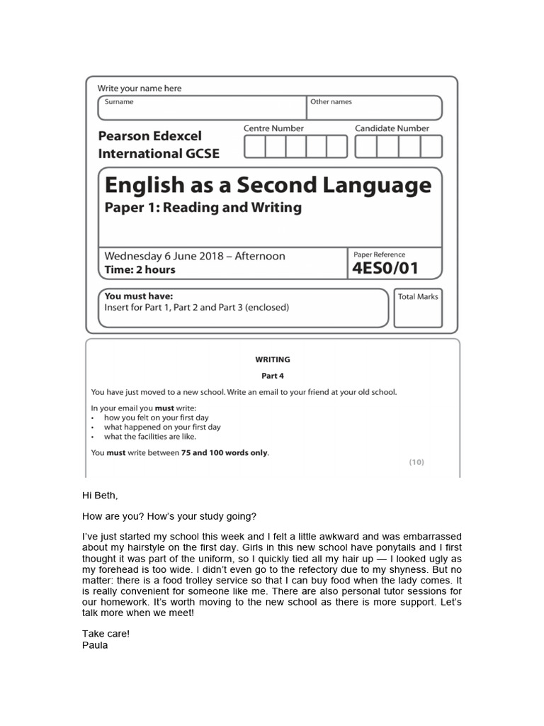 Edexcel ESL Pastpaper Sample Writing Email June2018 | PDF | Self ...