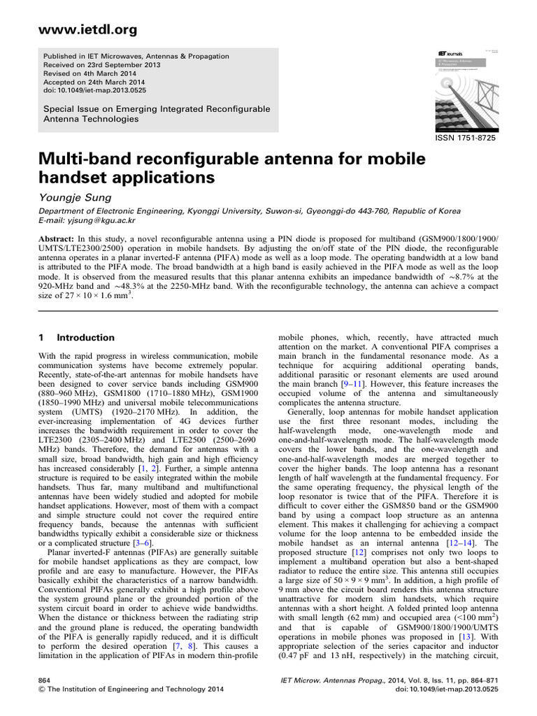 IET Microwaves Antenna Prop - 2014 - Sung - Multi Band Reconfigurable Antenna For Mobile Handset ...