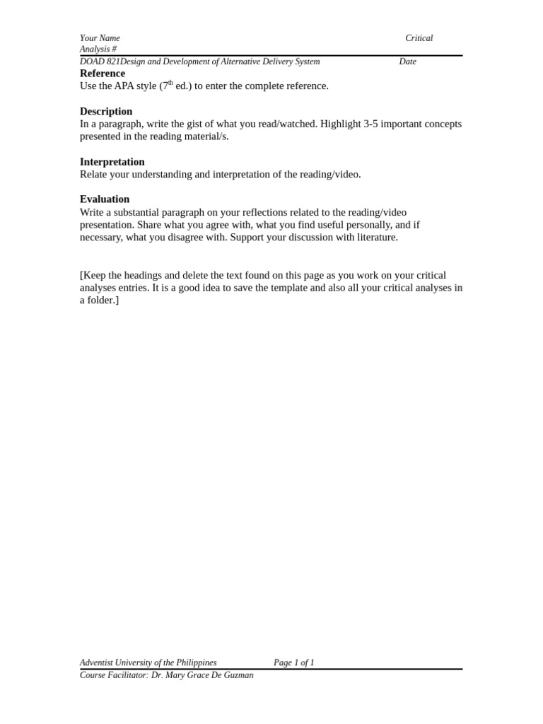 Critical Analysis Template Guide | PDF