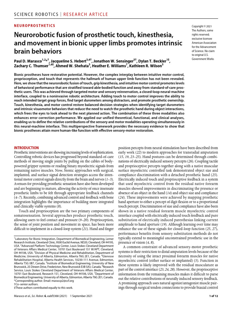 S13.s1 - PAPER - Neurorobotic Fusion of Prosthetic Touch, Kinesthesia and Movement in Bionic ...