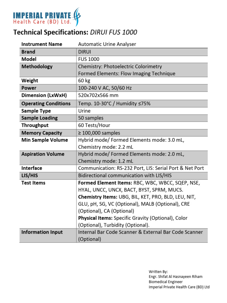 DIRUI FUS 1000 Urine Analyzer Specs | PDF | Wellness | Science ...