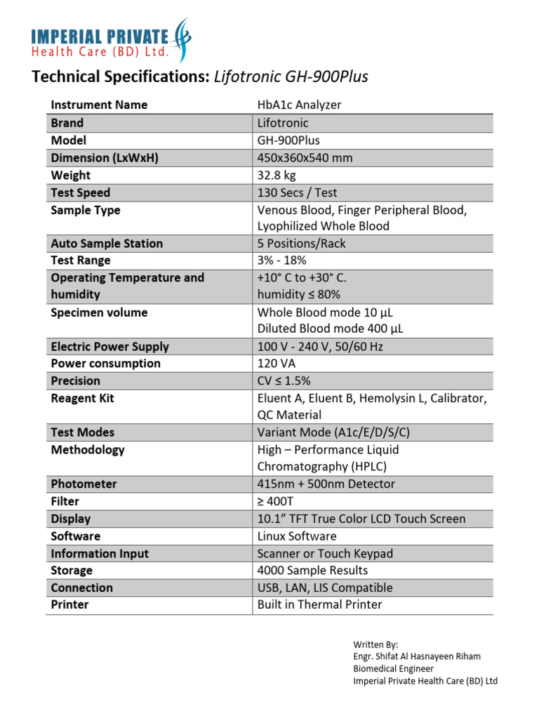 Lifotronic GH-900Plus HbA1c Analyzer Specs | PDF