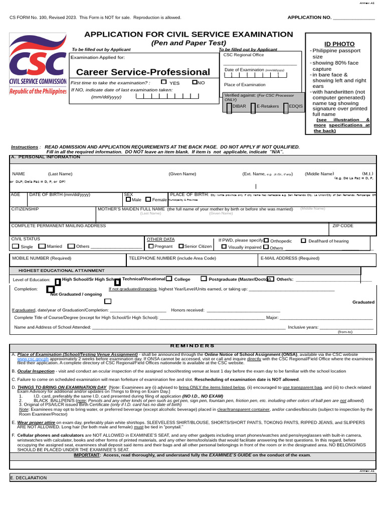 Annex A1 - CS Form 100 - Revised 2023 - CSE (P) - A1 - Edited - A1 ...