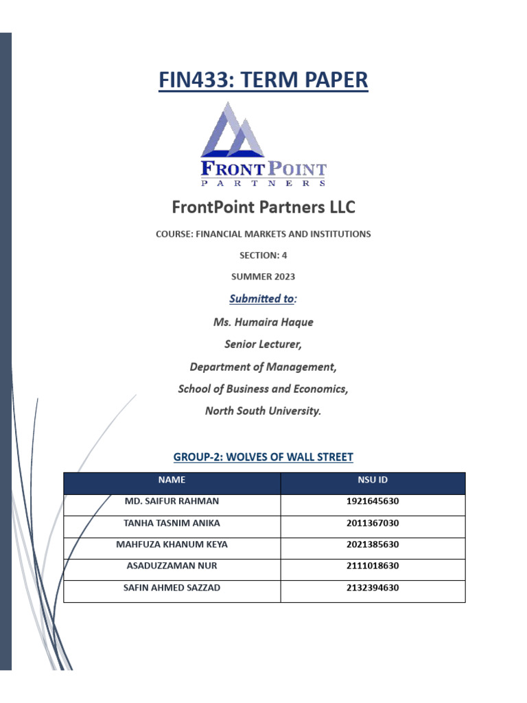 FIN433 Project - FrontPoint Partners | PDF | Collateralized Debt ...