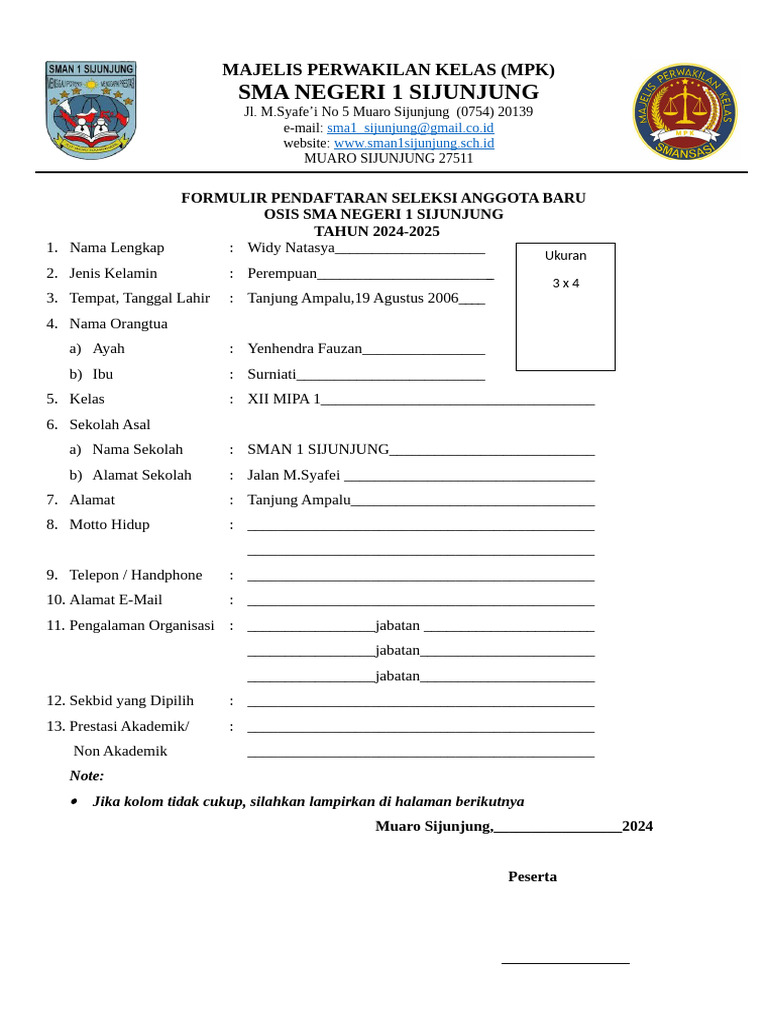 Formulir Pendaftaran Osis Fix | PDF